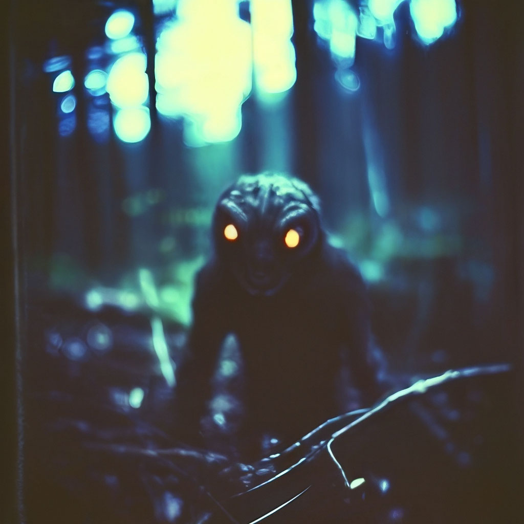 "Blurred photograph of the cryptid of the 1990s at night, dark forest ...