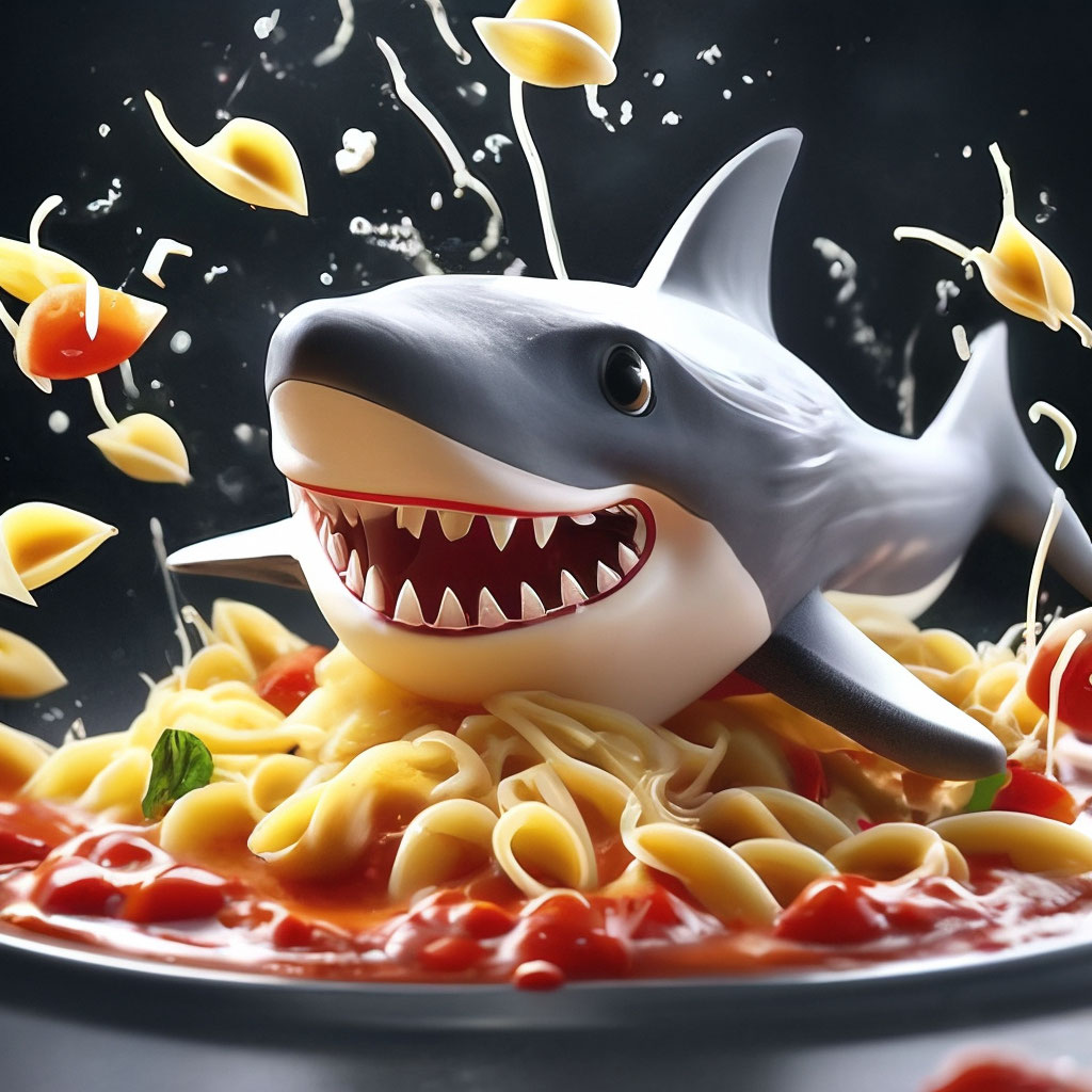 "💙🦈🍝 A very cute shark eats Italian pasta, on a black background ...