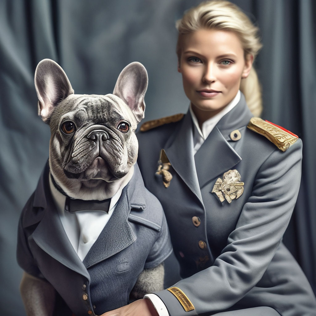 "A gray French bulldog in the uniform of a general, wearing orders ...