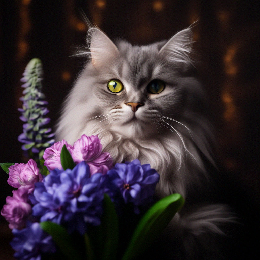 "A smiling fluffy cat gives you a bouquet of hyacinths" — image created ...