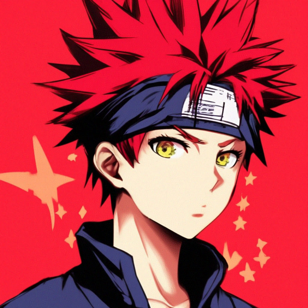 "Yukihira Soma, red hair, hedgehog hairstyle, yellow eyes, a star and a ...