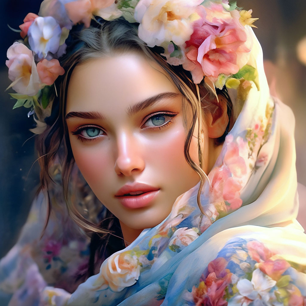 "Wet watercolor, hyperrealism, beautiful girl, tulle, shawl, floral ...