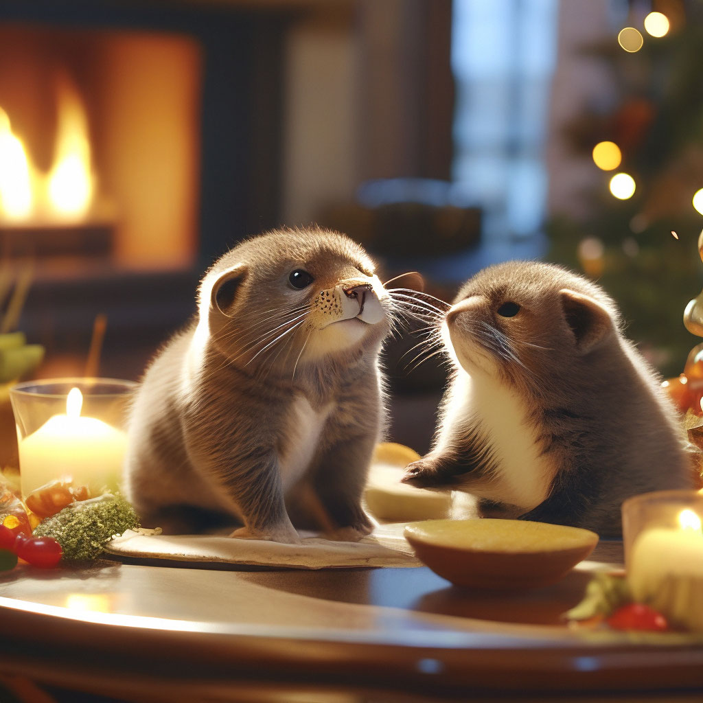 "A pair of fluffy moles are sitting at a table near a beautiful table ...