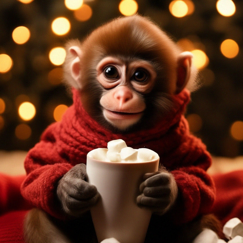 "Cute monkey drinks cocoa with marshmallows" — image created in Shedevrum