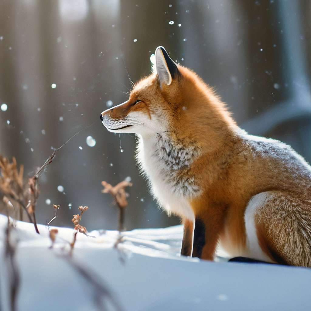 "Side view, fox with closed eyes rejoicing in spring, sitting on snow ...