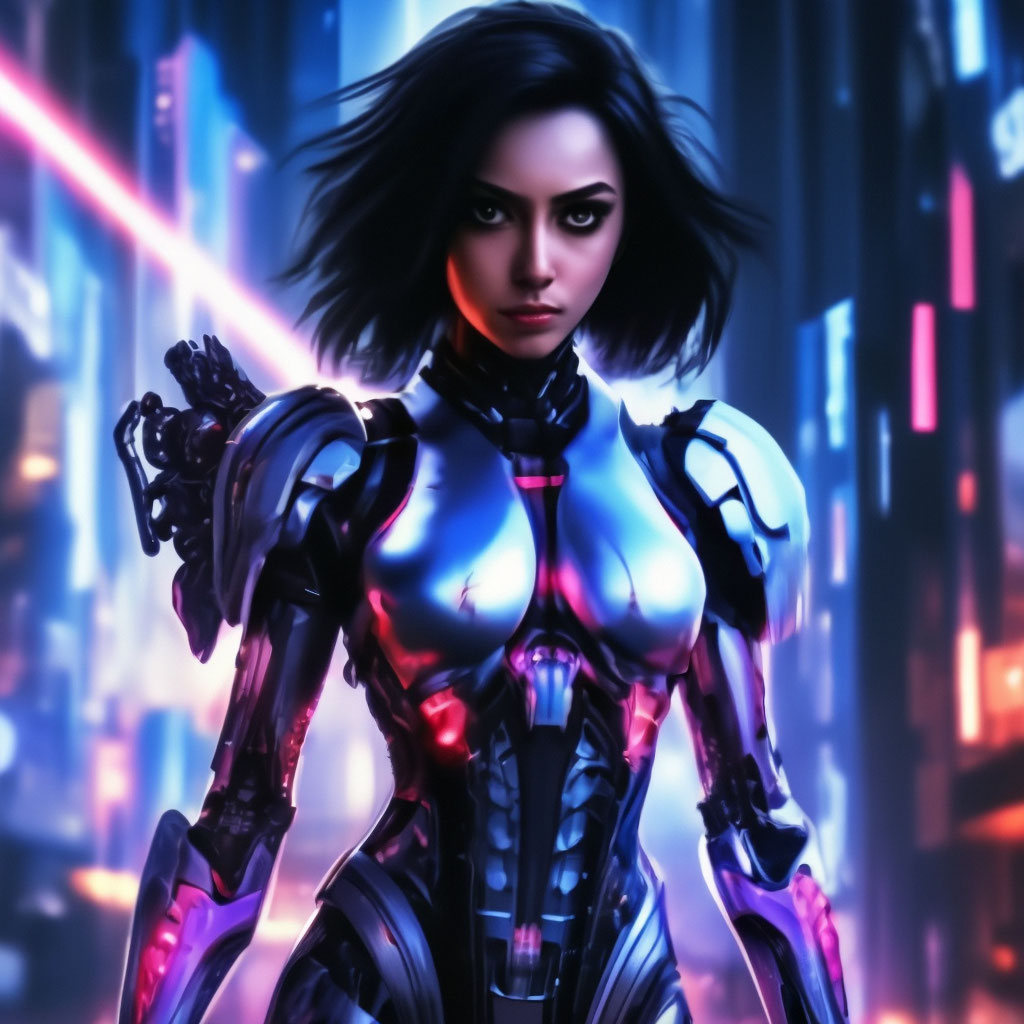 "Model Alita battle angel,technorave, neon, black and white pencil ...