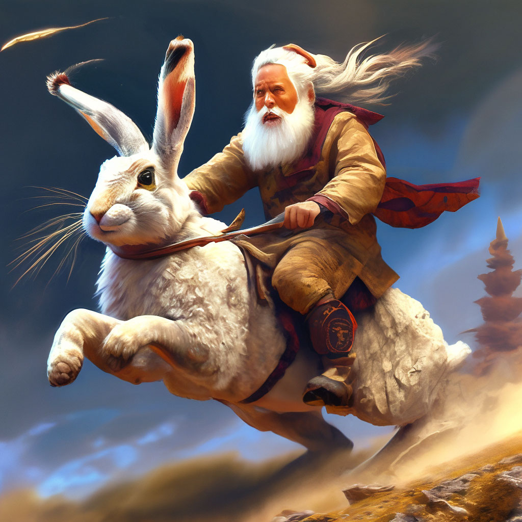 "Grandfather Mazai rides a hare realistic photo" — image created in ...