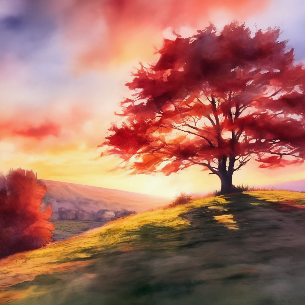 "English watercolor , close-up graphics a lonely tree with red leaves ...