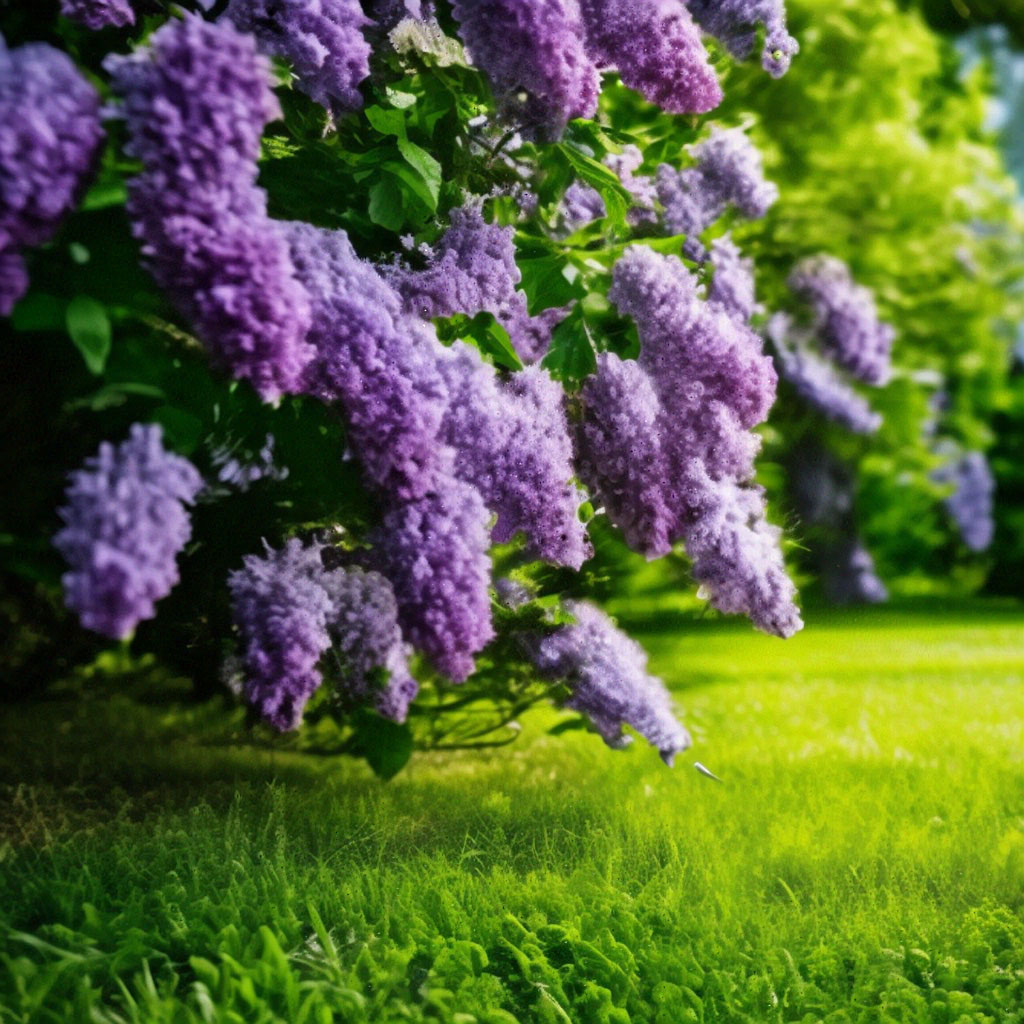 ". Blooming lilac, lilac flowers, bottom view,green lawn,garden ...