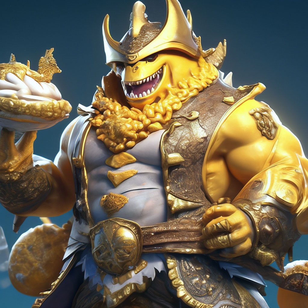 "Werewolf shark, holding a huge dumpling in his hands, dressed like a ...