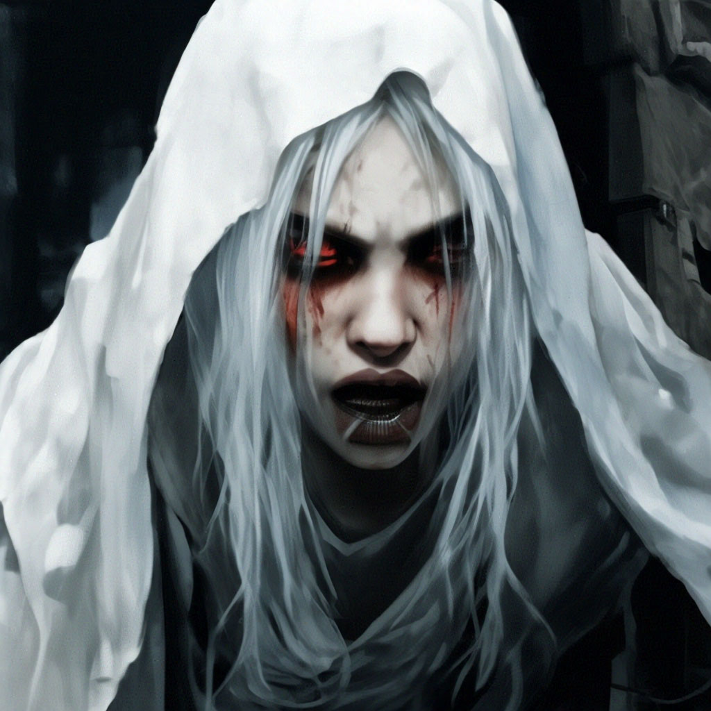 "A girl in a white shroud, climbing out of a well, white hair, many ...