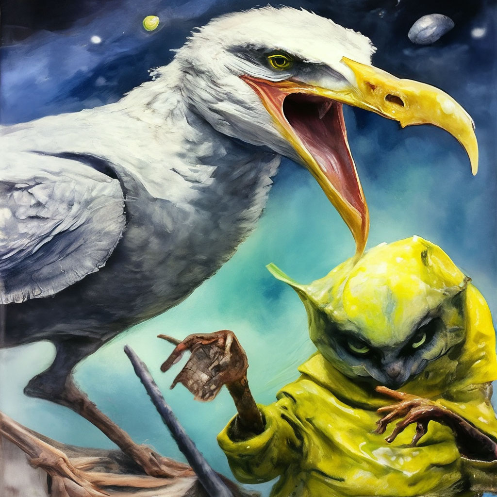 "On another planet surprised,disheveled,black,yard,ornate seagull+cat+ ...