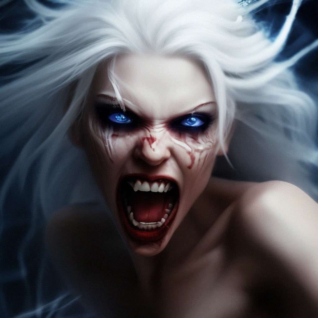 "Hysteria, beautiful vampire witch with white hair, big blue eyes,huge ...
