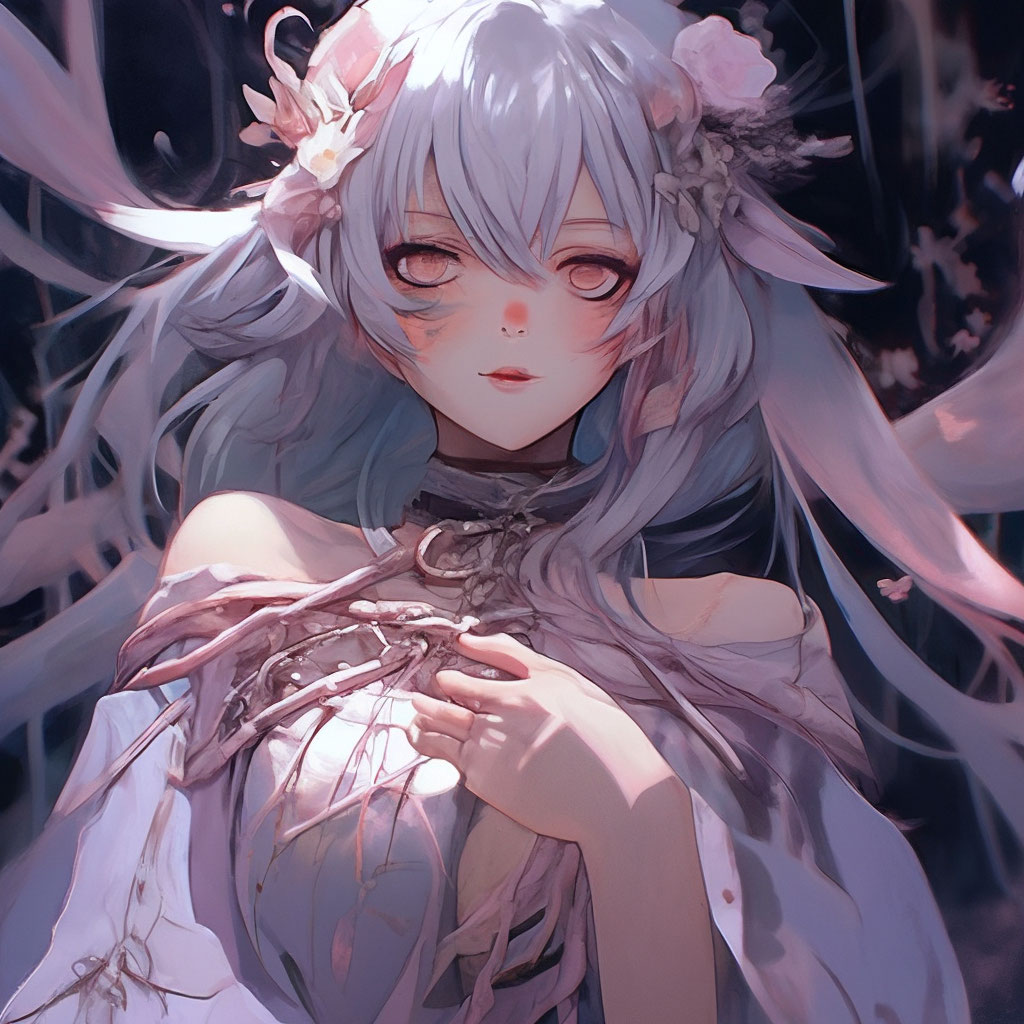 "Anime girl, consists of threads, threads form skin, tired look ...