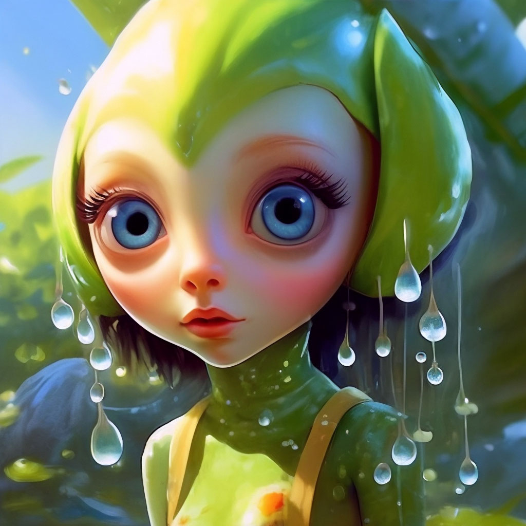 "Alien girl, big eyes, plump lips, long eyelashes, pistachio-colored ...