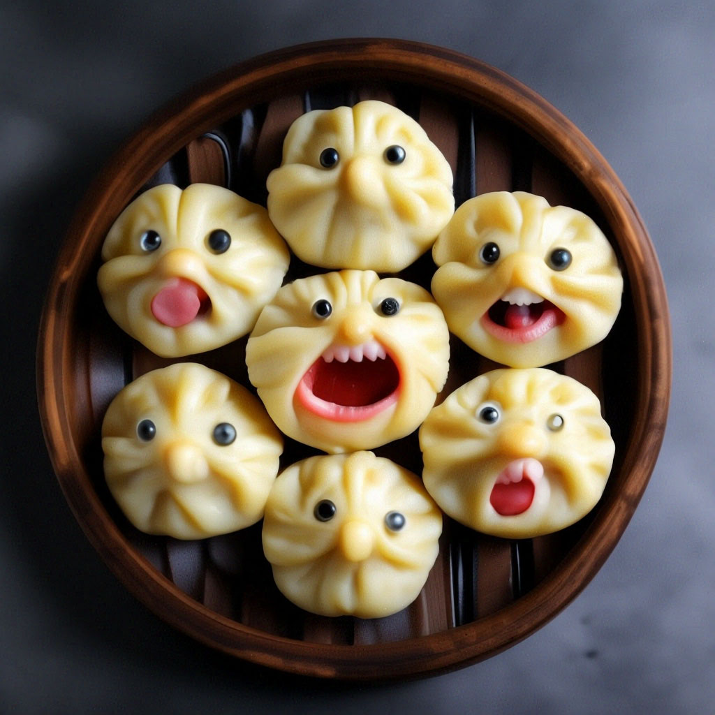 "Dumplings with eyes and mouth" — image created in Shedevrum
