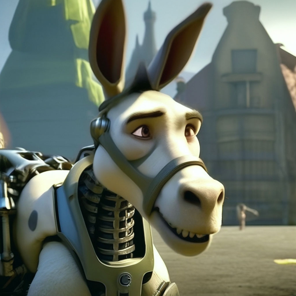 "The donkey from Shrek became a cyborg" — image created in Shedevrum