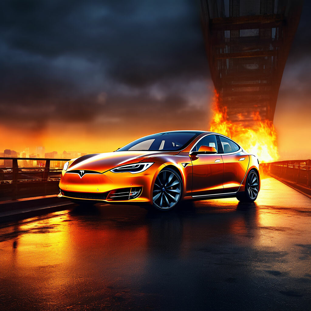"A burned-out Tesla car stands on a bridge and burns down hyperalism ...