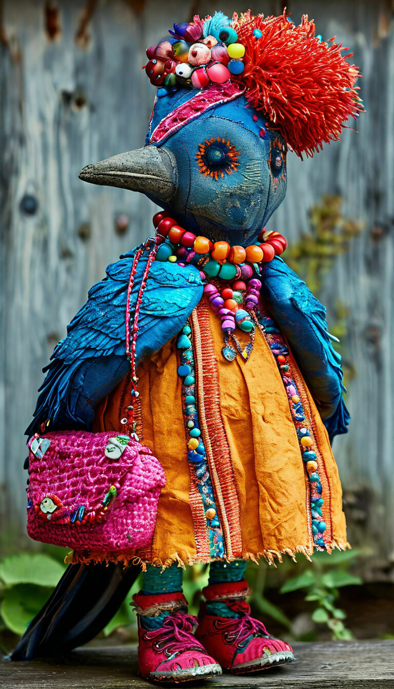 "A full-length textile anthropomorphic magpie doll. Fashionable ...