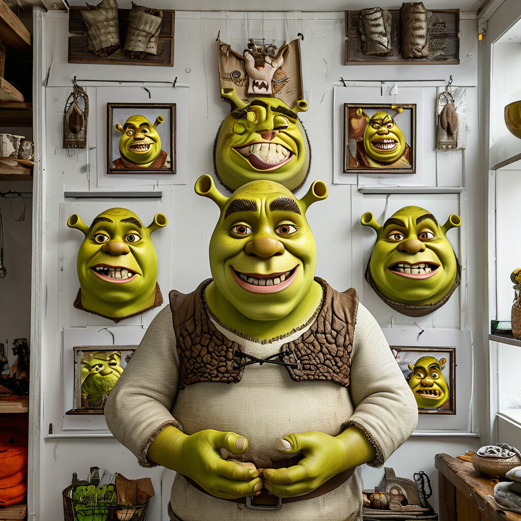 ". a white wall with cute pictures of Shrek hanging there and where he ...