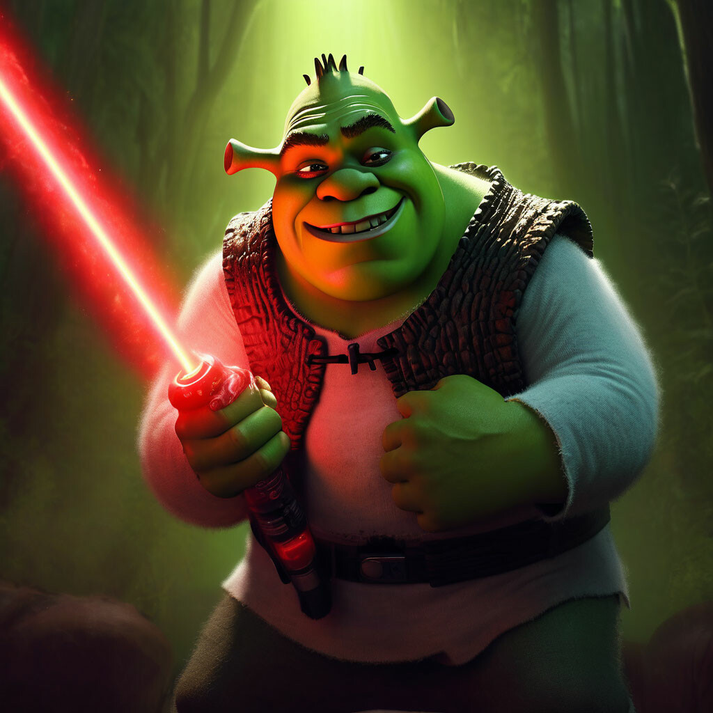 "Shrek catches a red lightsaber" — image created in Shedevrum
