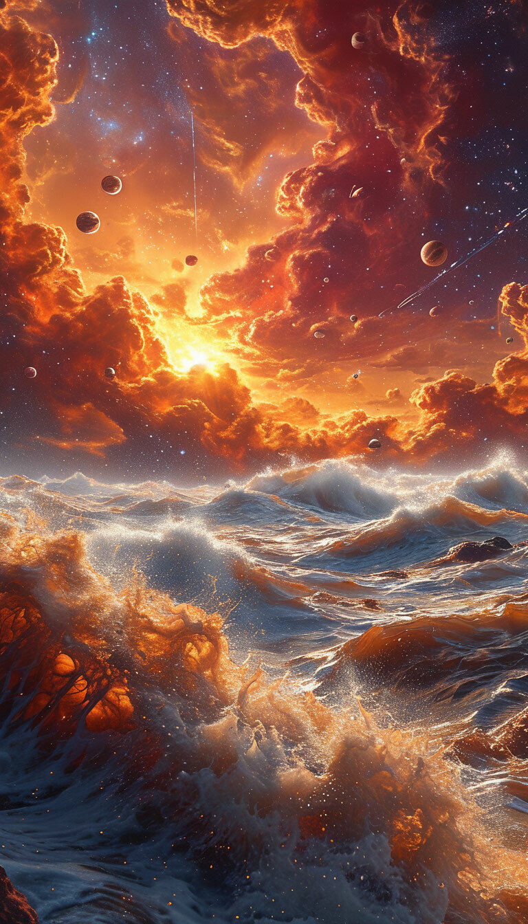 "Sci-fi,space , raging maroon-orange ocean,starry sky, nebula, many ...