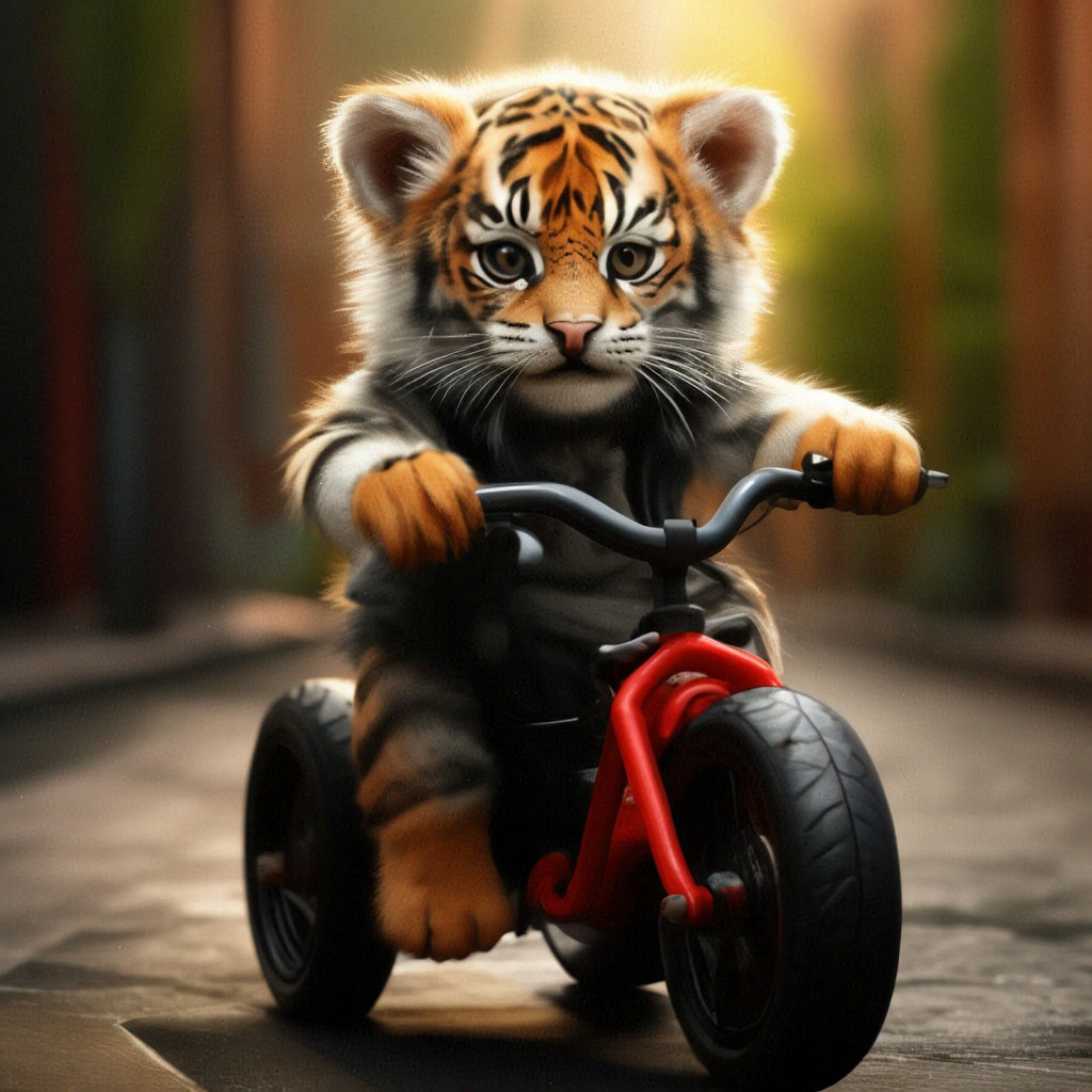 "A little fluffy tiger cub riding a bike" — image created in Shedevrum
