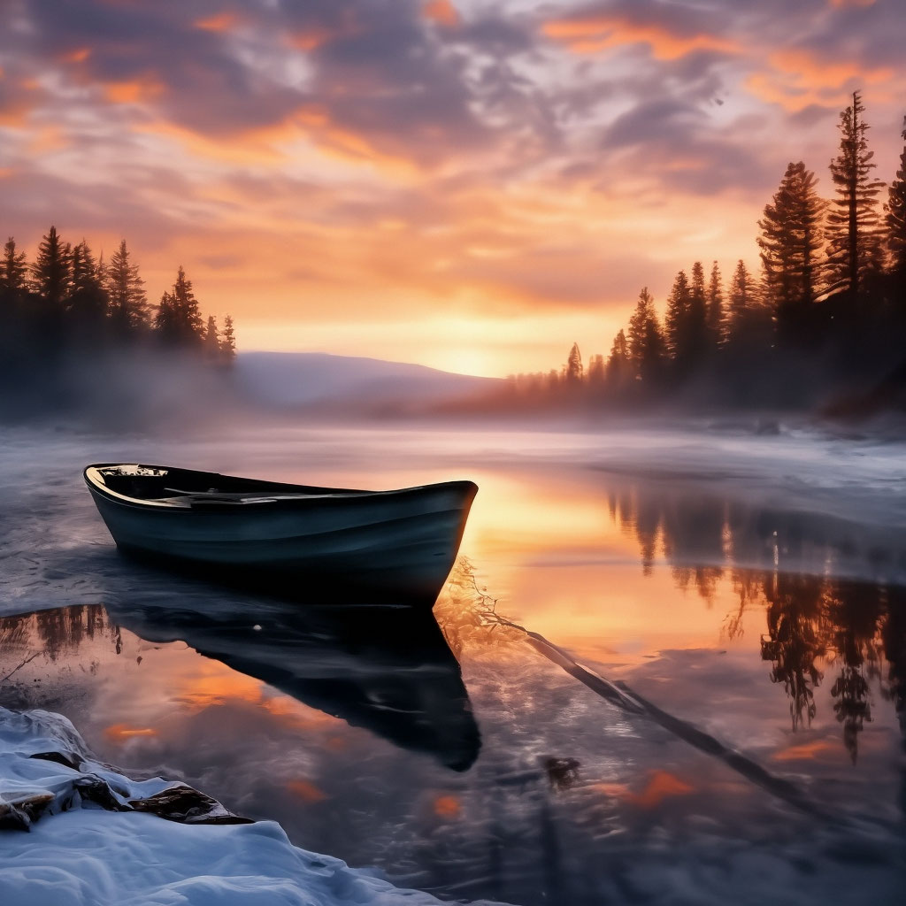 "Sunrise dawn on a frozen lake,haze,ice,severe frost,frost,in the ...