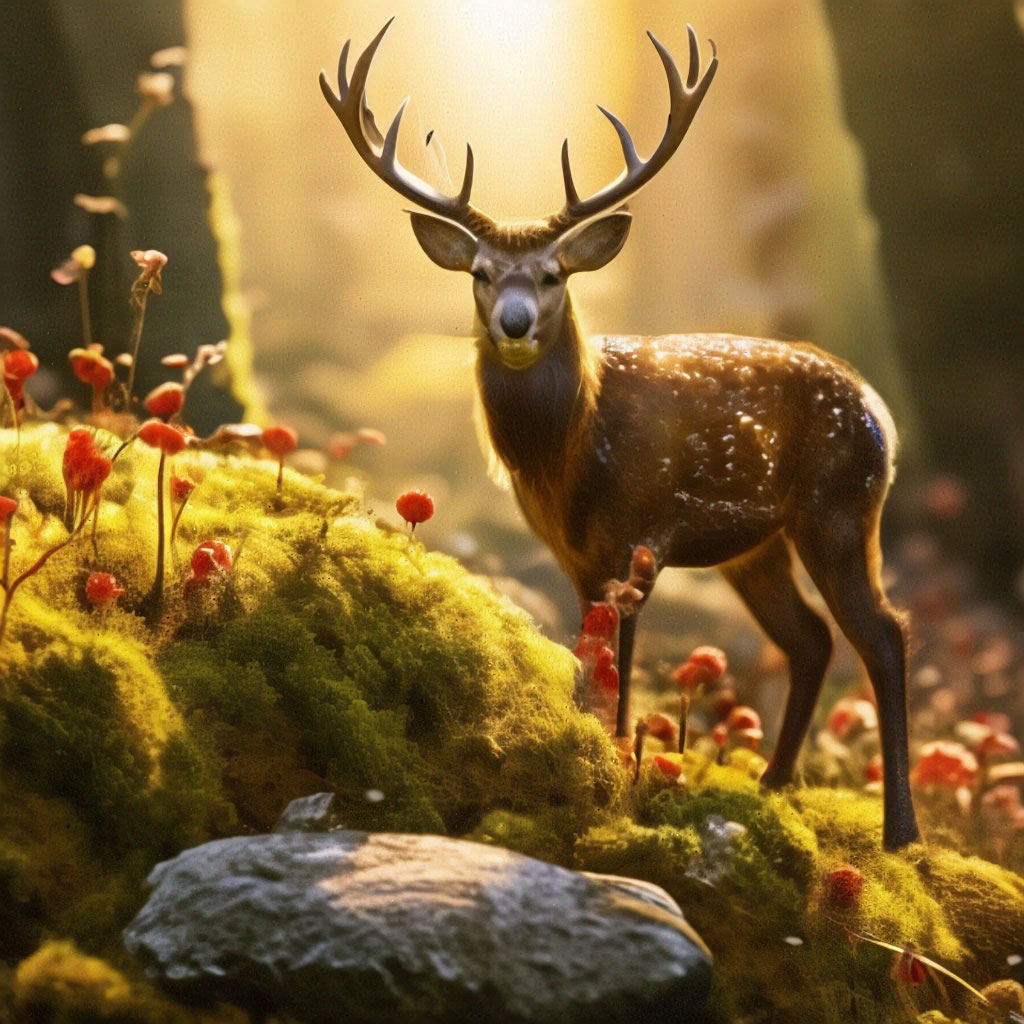"Moss, sun, flowers,deer, stones, double exposure, fine golden ...