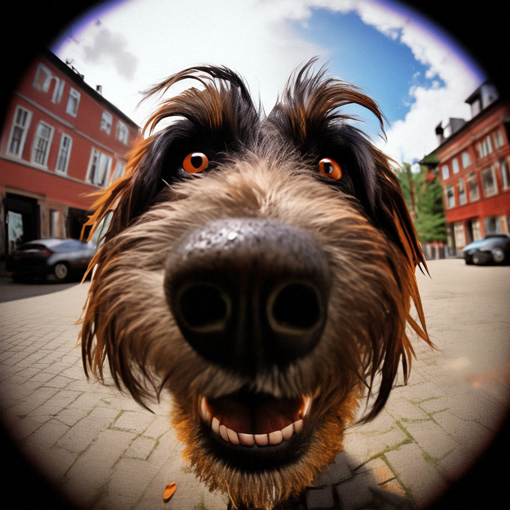 "Fisheye camera is a curious shaggy dog" — image created in Shedevrum