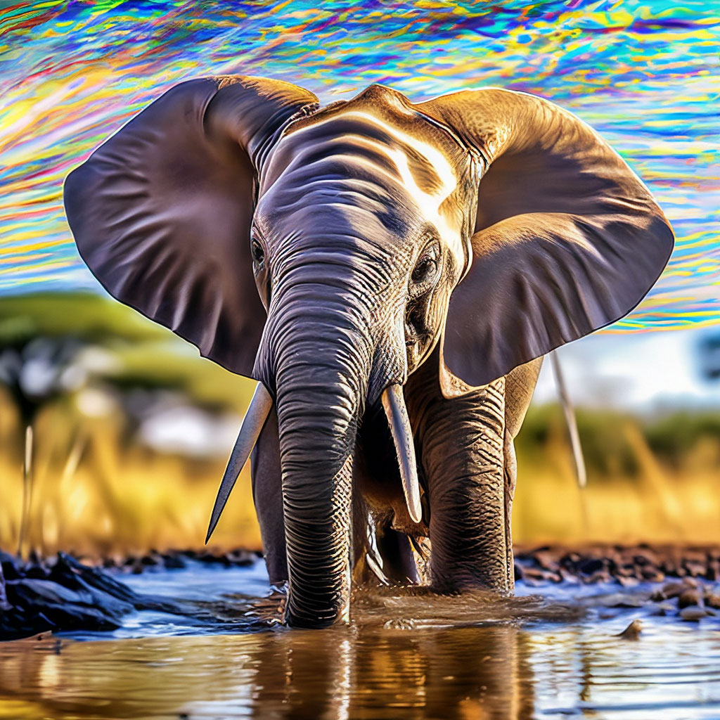 "Clean, transparent air in the African savannah, baby elephant bathing ...