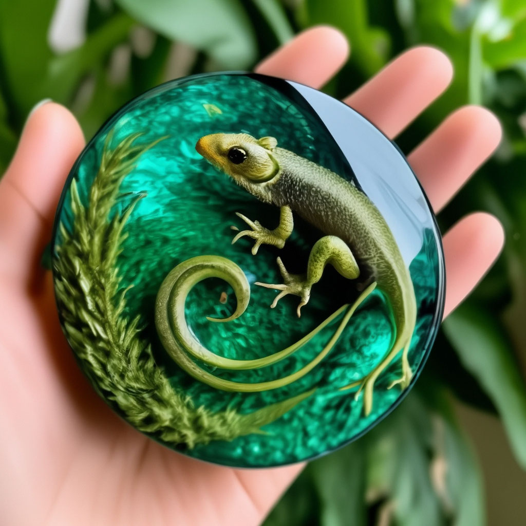 "The epoxy resin in it is green lizard" — image created in Shedevrum