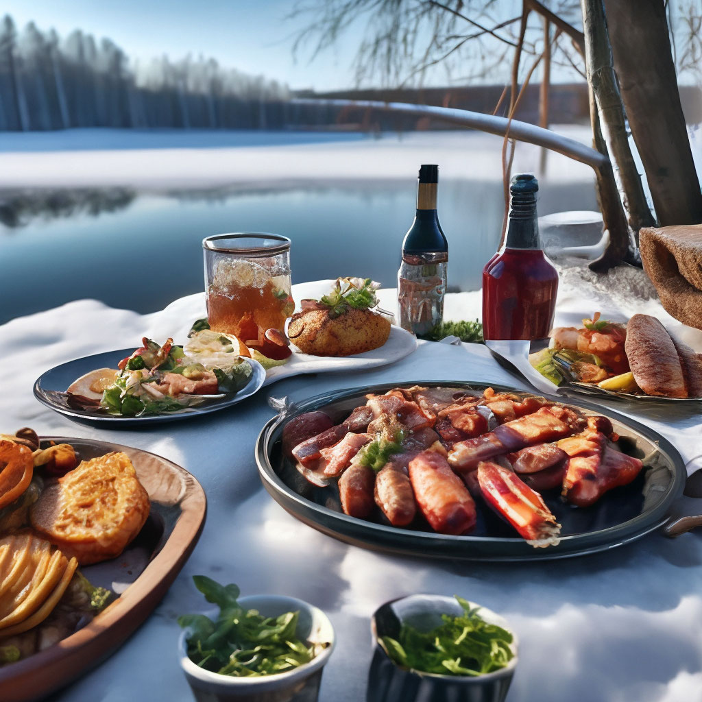 "Weekend lunch, picnic on the shore of a frozen lake, barbecue ...