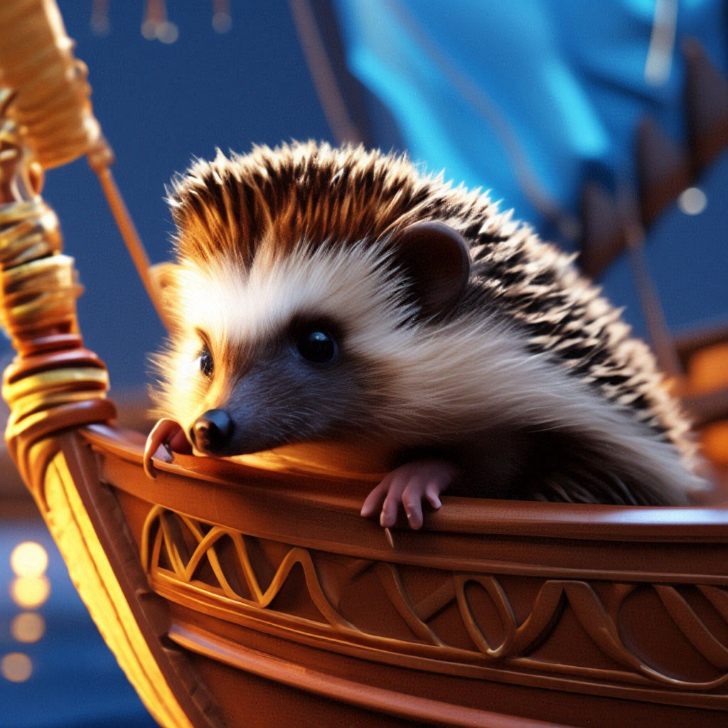 "A hedgehog holds a boat in its paw, a small dragon flies next to the ...