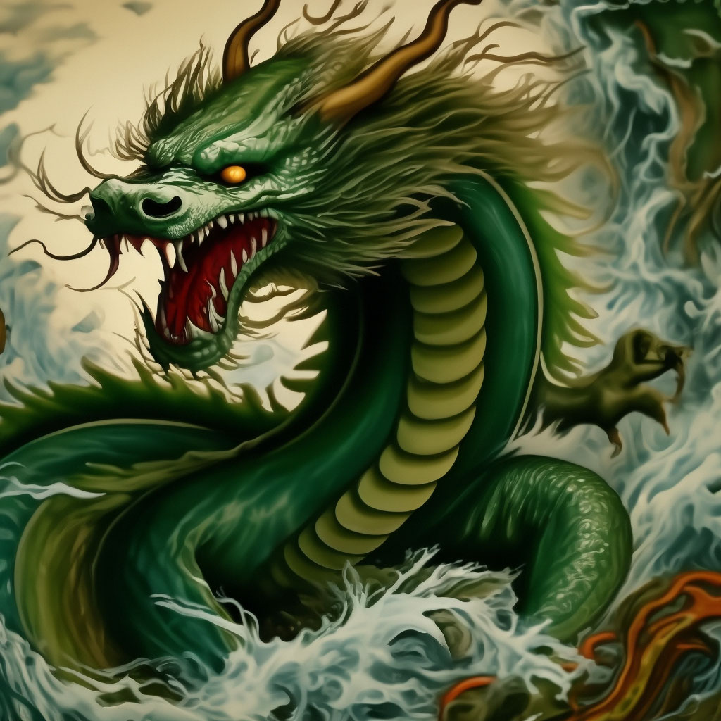"Green Chinese dragon, in the style of Kano Eitoku," — image created in ...