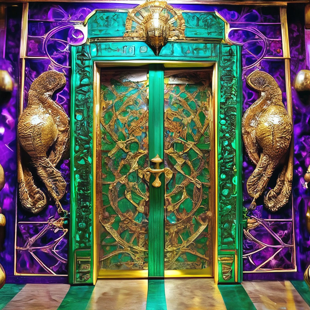 "A double-leafed open emerald door with golden handles in the center of ...