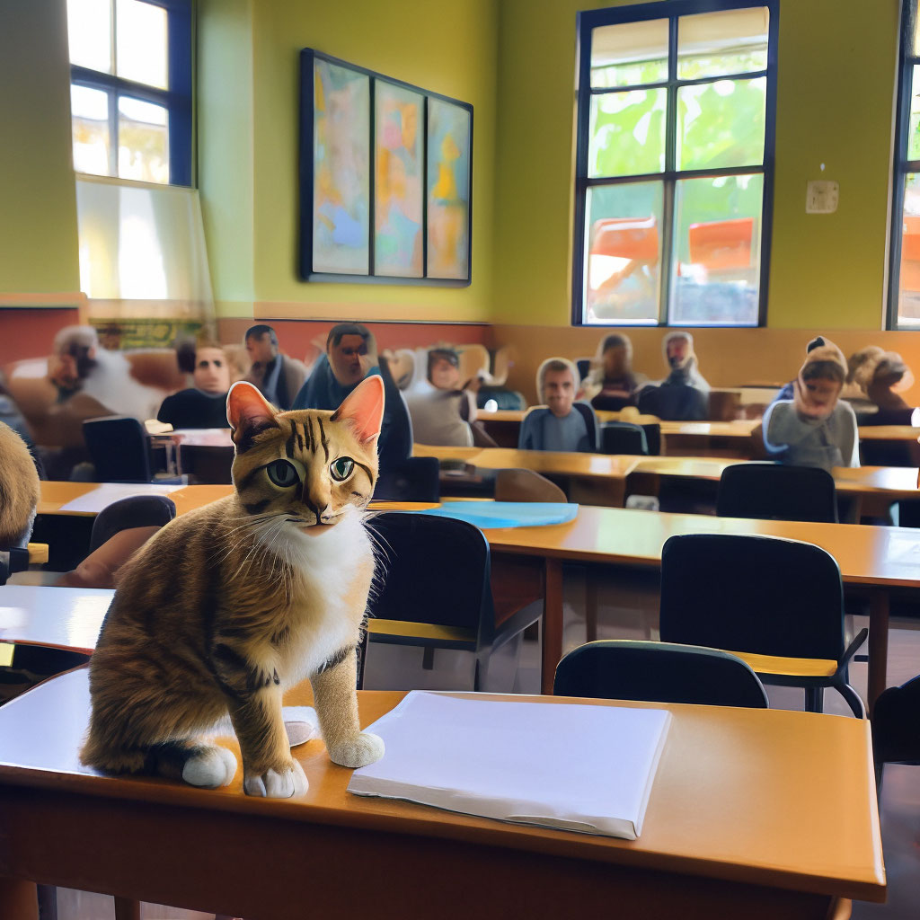 "A cat at school" — image created in Shedevrum