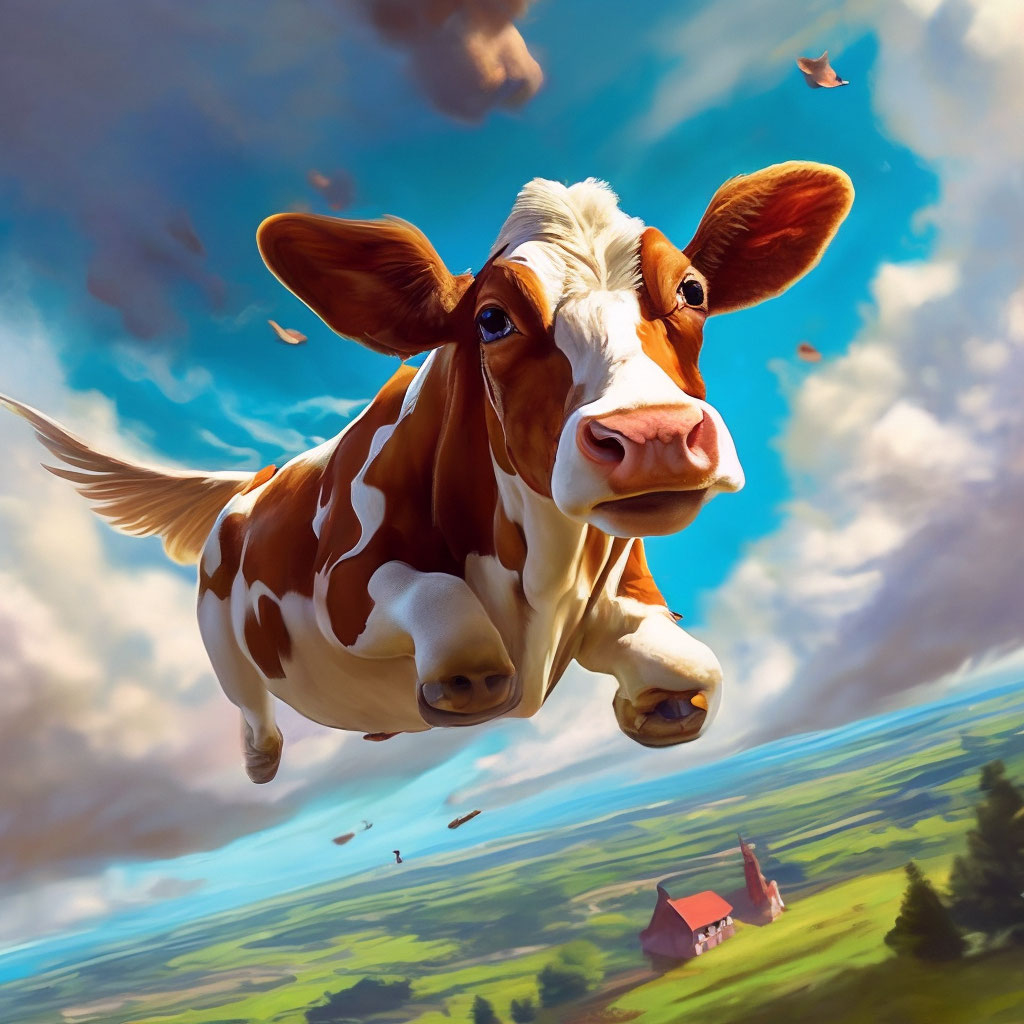"Careful flying cow" — image created in Shedevrum