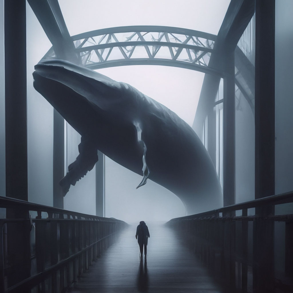 "A huge whale swimming under a glass bridge" — image created in Shedevrum
