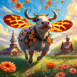 «A hybrid ladybug + cow with large wings is flying in the sky in a ...