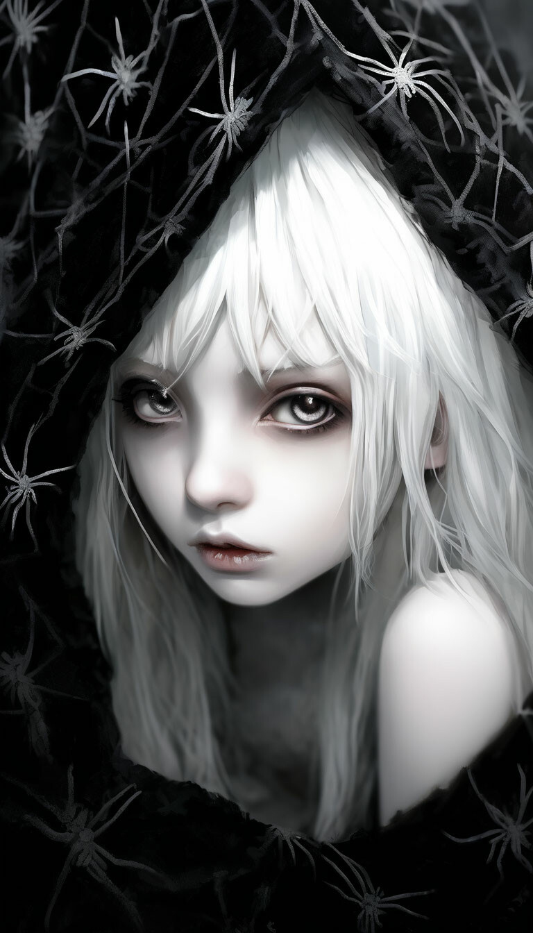 "A beautiful albino demon girl hides behind a canopy from spiders on ...