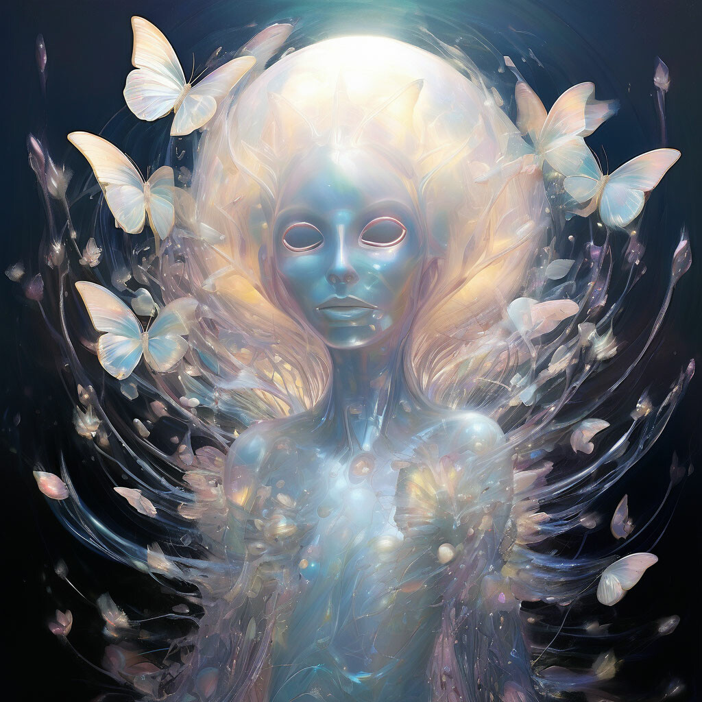 "Soul. Alien+mother of pearl+butterflies+bacteria+wool+love+soap+…" — image created in Shedevrum