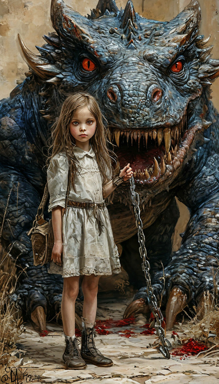 "The girl holds a large monster on a …" — image created in Shedevrum