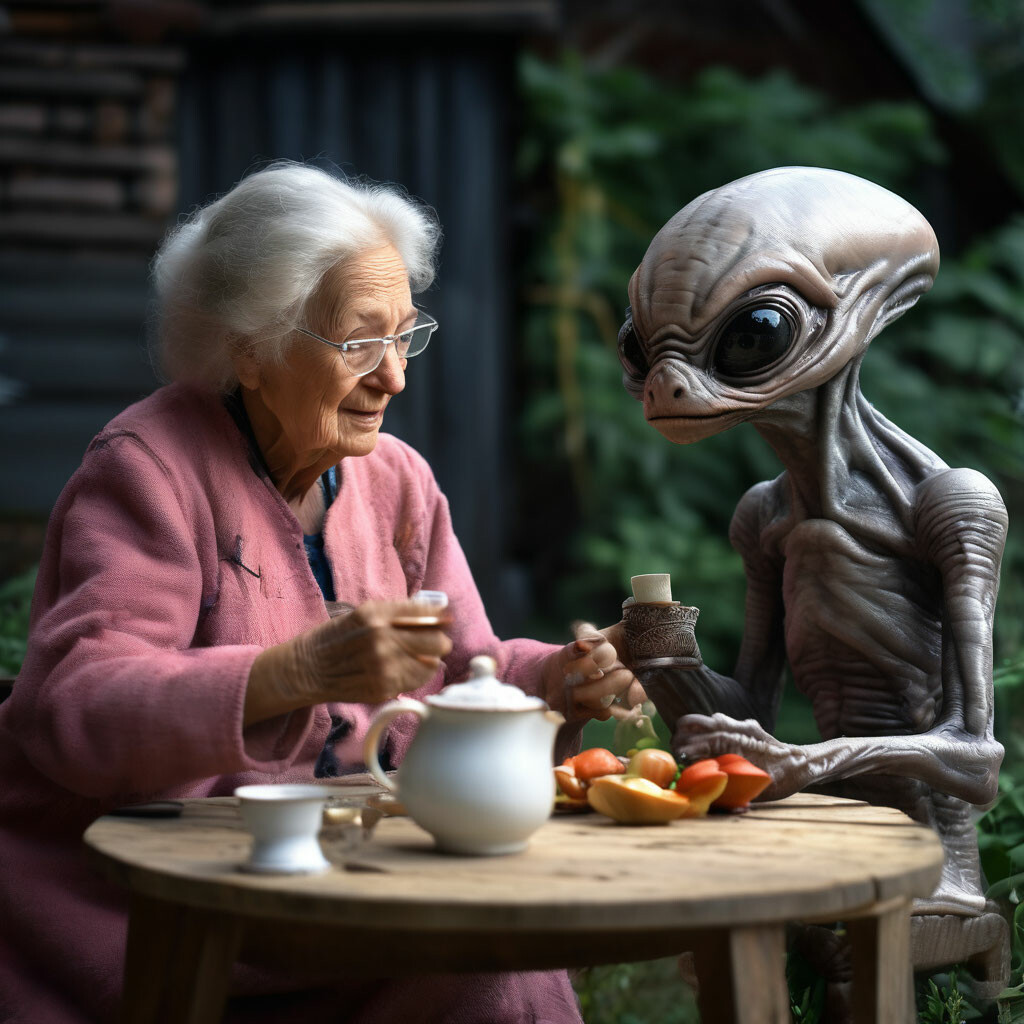 "Grandma treats an alien with tea in …" — image created in Shedevrum