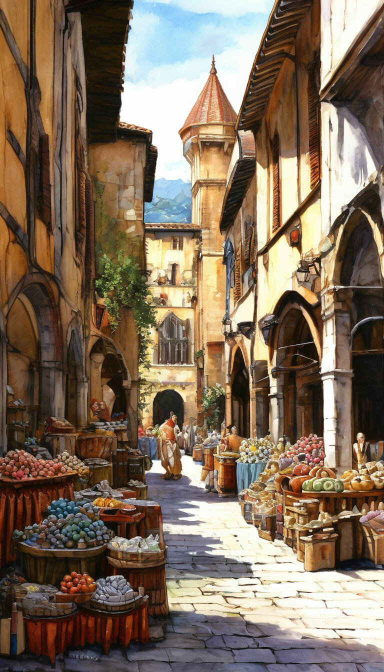 "Medieval bazaar, Italy, Renaissance, antique drawing, watercolor, ink ...