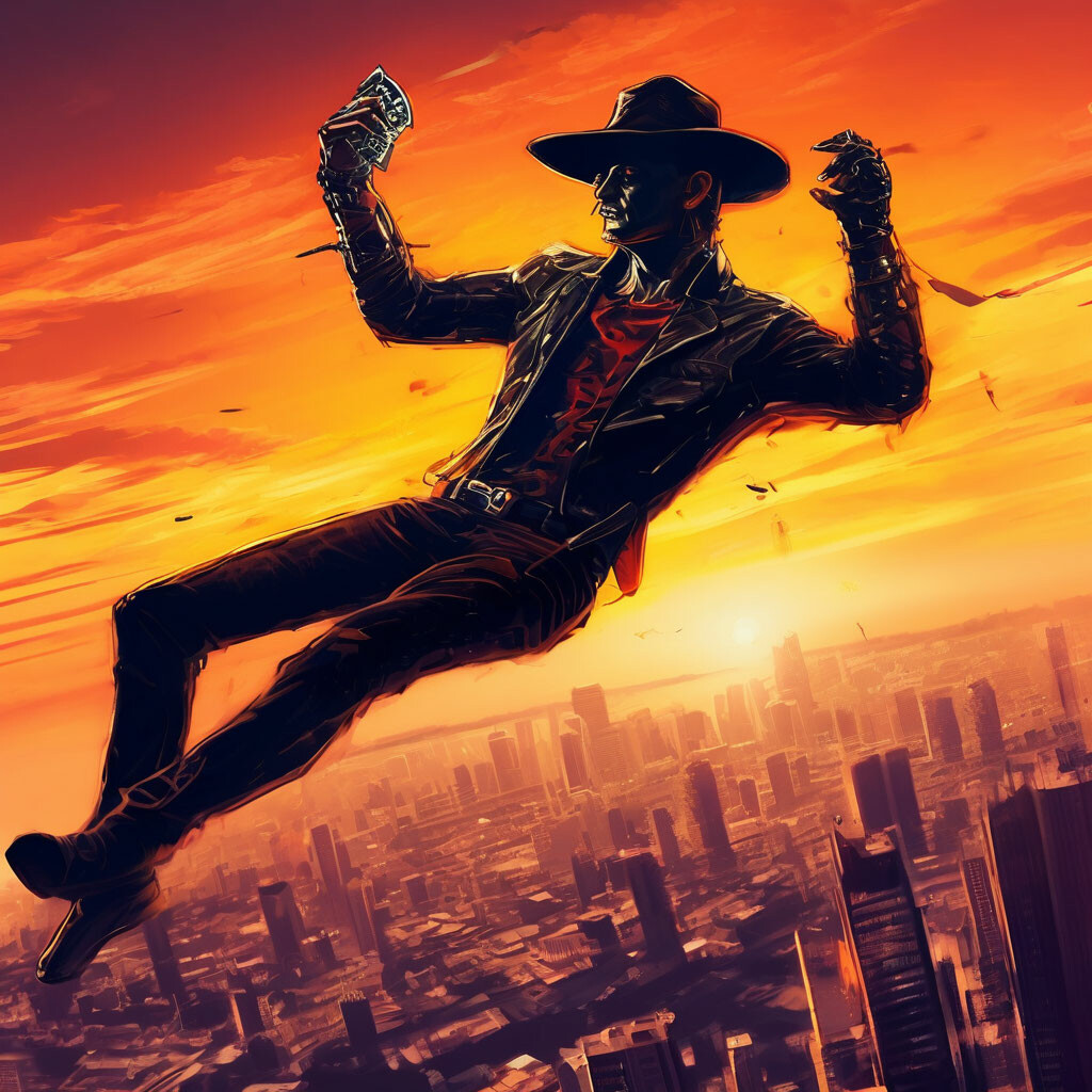 "A falling man from the sky. huge background. sunset, urban environment ...