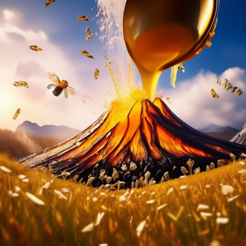 "The volcano spews oat flakes, oat …" — image created in Shedevrum