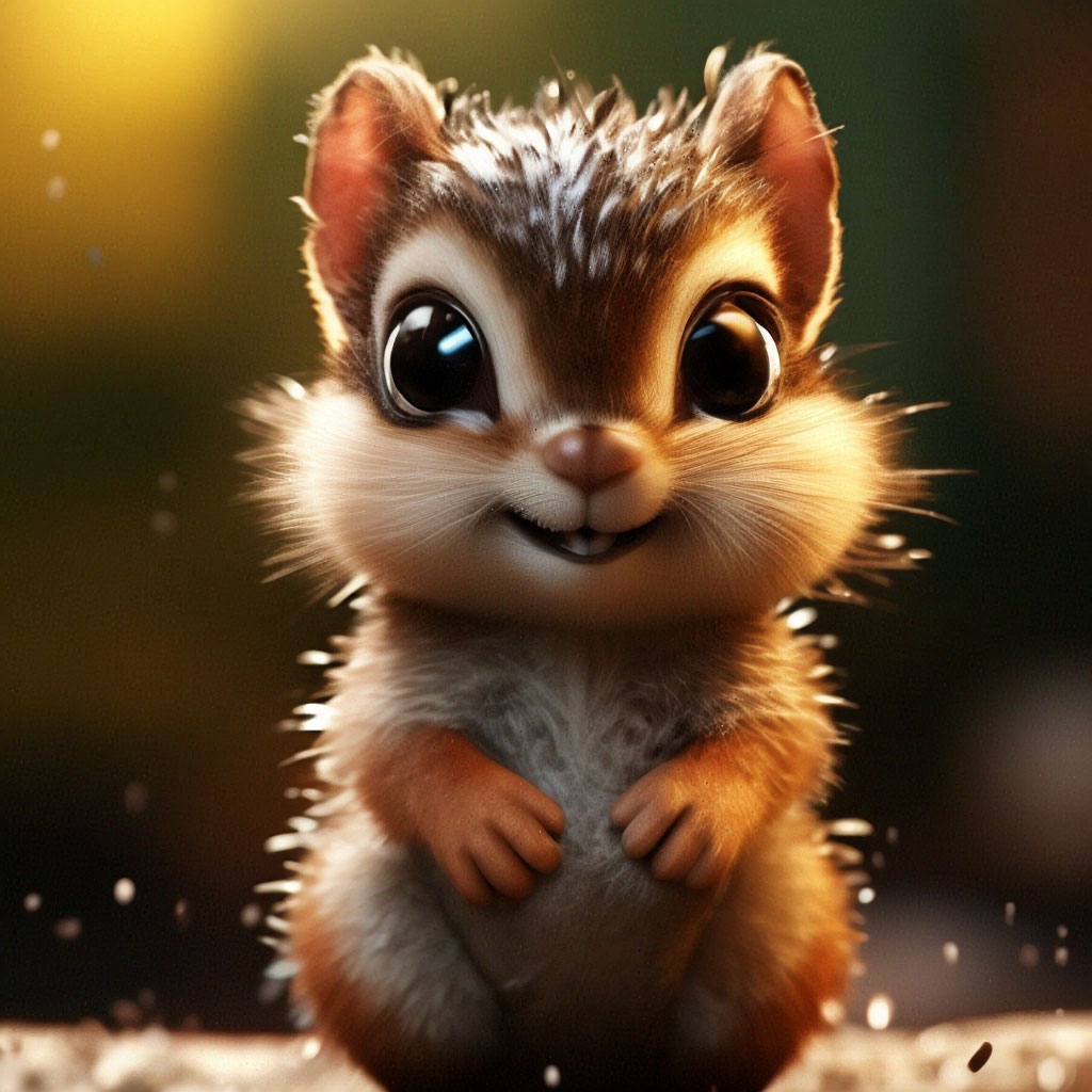 "Small, very fluffy baby chipmunk, big eyes, full-length, magic ...