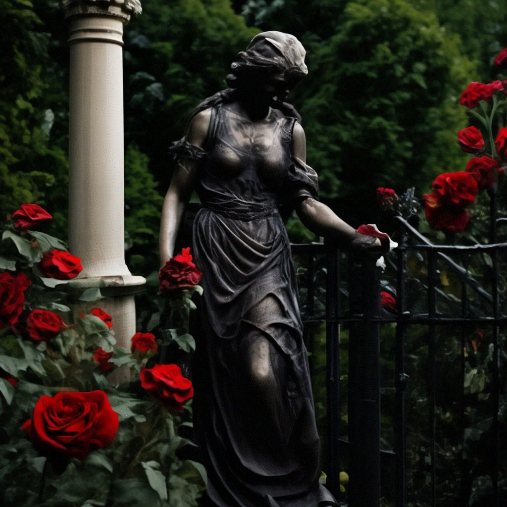 "An antique statue of a woman, bowed her head , stands in a garden , a ...