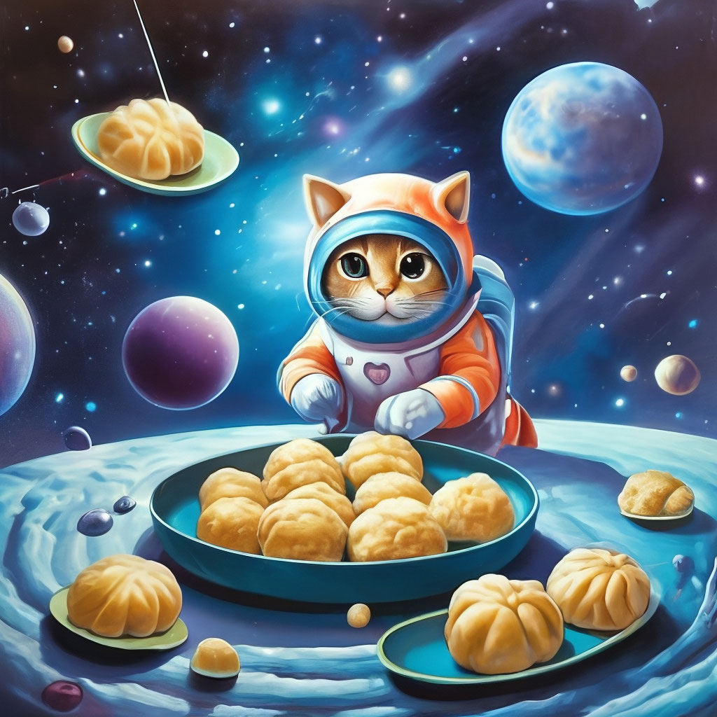 "Space dumplings in outer space, a cat is hunting for them" — image ...